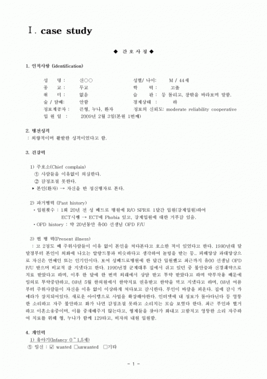 정신간호학실습case(정신분열증환자 케이스 스터디만 올림)