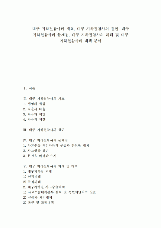 [대구 지하철참사][대구 지하철참사 원인][대구 지하철참사 피해][대구 지하철참사 대책]대구 지하철참사의 개요, 대구 지하철참사의 원인, 대구 지하철참사의 문제점, 대구 지하철참사 피해, 대구 지하철참사 대책
