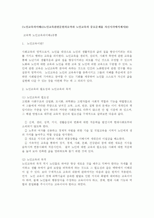 (노인교육의이해4)노인교육관련문헌의요약과 노인교육의 중요문제를 자신시각에서제시00