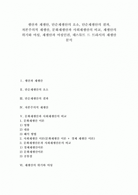 [재상산][생산]생산과 재생산, 단순재생산의 요소, 단순재생산의 결과, 자본주의적 재생산, 문화재생산과 사회재생산의 비교, 재생산의 위기와 여성, 재생산과 여성인권, 데스튜트 드 트라시의 재생산 분석