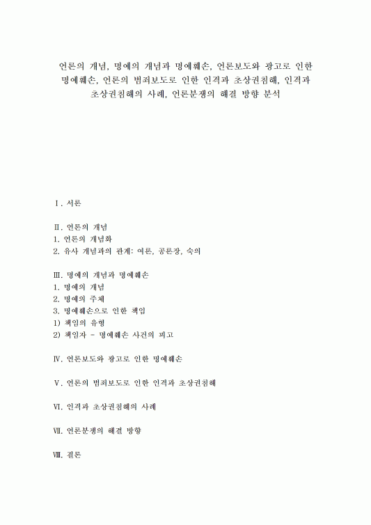 [언론][언론분쟁][명예훼손][초상권침해]언론의 개념, 명예의 개념과 명예훼손, 언론보도와 광고로 인한 명예훼손, 언론의 범죄보도로 인한 인격과 초상권침해, 인격과 초상권침해의 사례, 언론분쟁 해결 방향 분석
