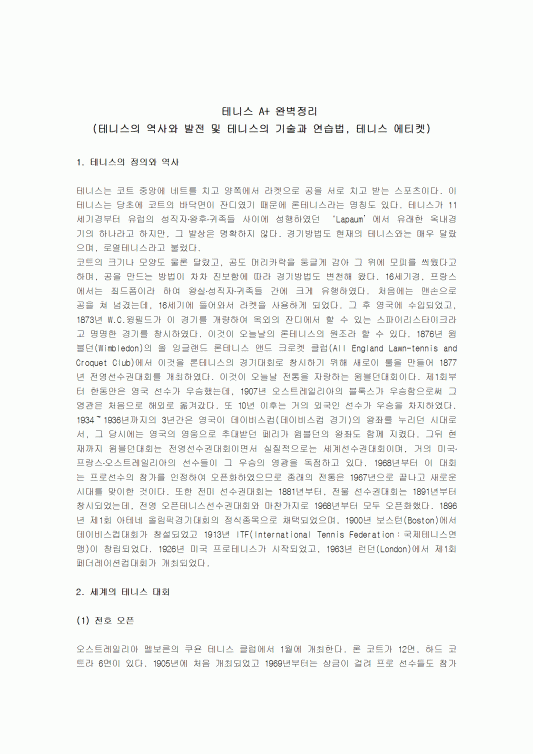[테니스기술, 테니스] 테니스 완벽정리(테니스의 역사와 발전 및 테니스의 기술과 연습법, 테니스 에티켓)