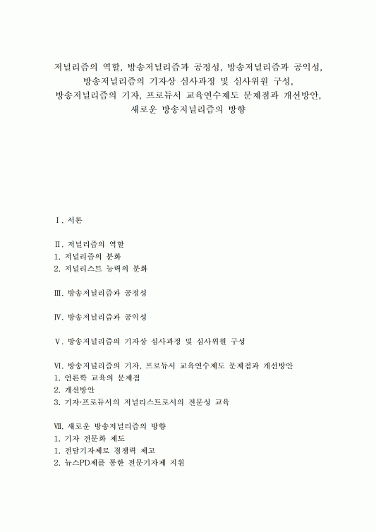 저널리즘의 역할, 방송저널리즘과 공정성, 방송저널리즘과 공익성, 방송저널리즘의 기자상 심사과정 및 심사위원 구성, 방송저널리즘의 기자, 프로듀서 교육연수제도 문제점과 개선방안, 새로운 방송저널리즘의 방향