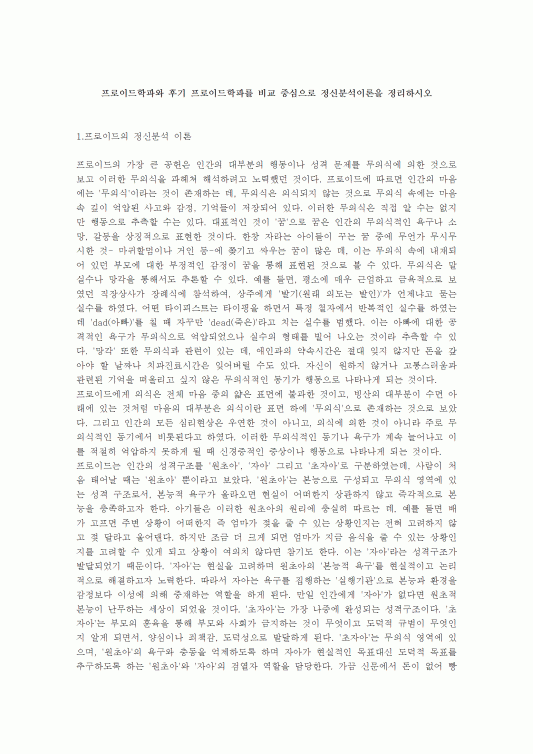 프로이드학파와 후기 프로이드학파를 비교 중심으로 정신분석이론을 정리하시오