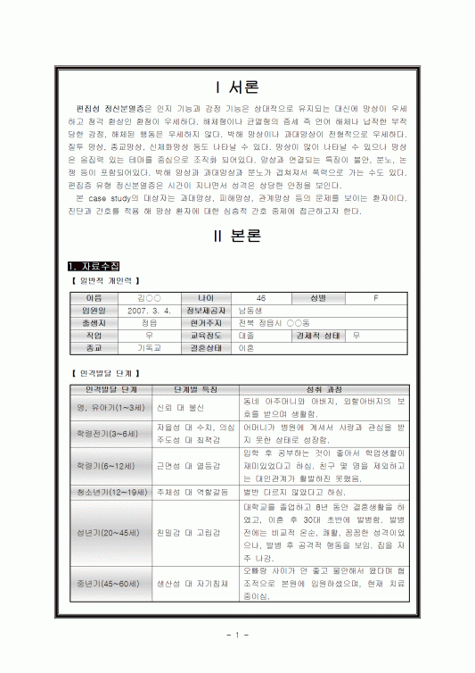 정신간호학 케이스