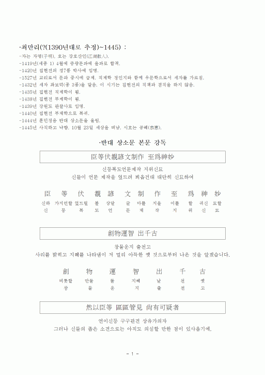 최만리 반대상소문 원문 강독