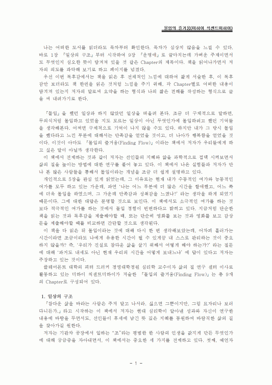 [독후감] 몰입의 즐거움 (finding Flow)