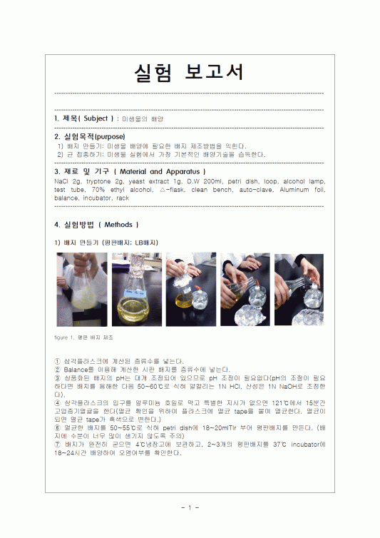 [미생물학실험] 미생물 배양법 (배지제조, 균접종법)