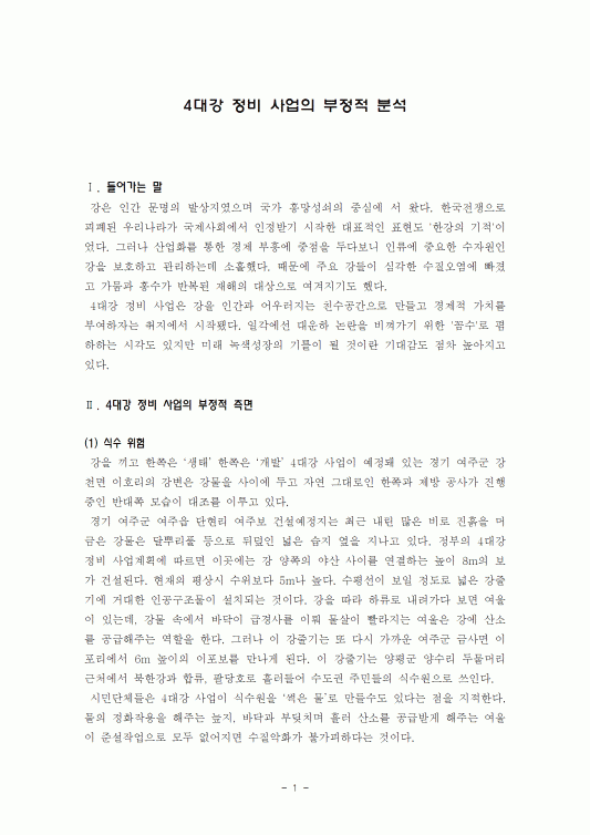 4대강 정비 사업의 부정적 분석