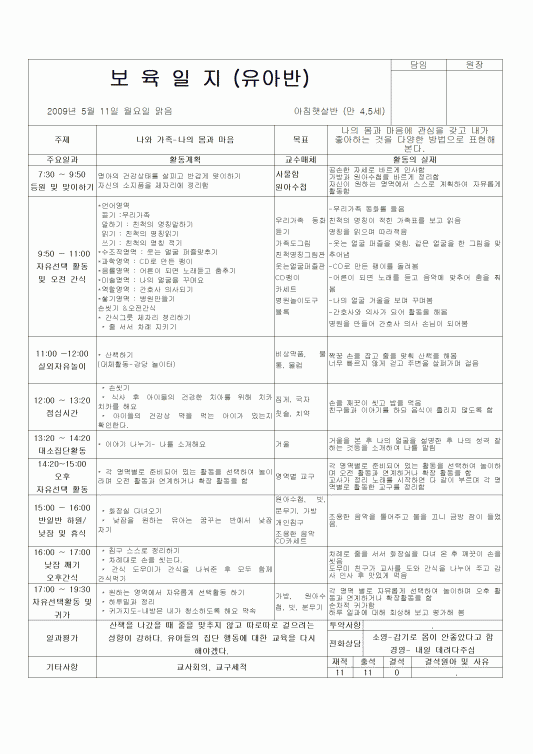 평가인증 통과한 나와 가족 보육일지 (6~7세 통합) 보육일지 평가인증 어린이집 만4세 나와 가족 신입원아적응일지 관찰일지