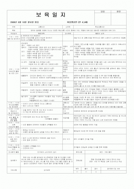 [사범/법학] 평가인증 통과한 8월 교통수단 보육일지 (6~7세 통합) [보육일지]