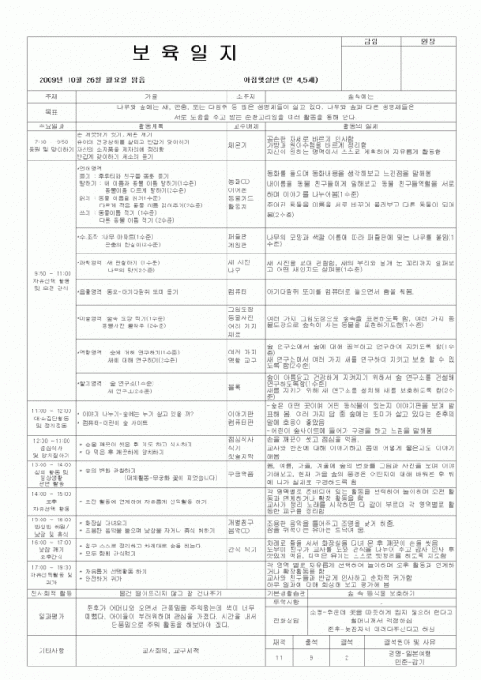 평가인증 통과한 10월 가을 보육일지 (6~7세 통합) : 숲속에는