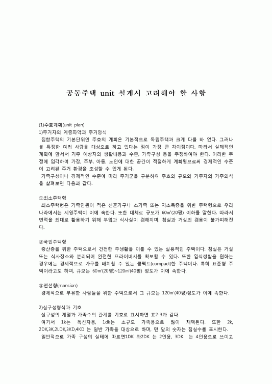 공동주택 unit 설계시 고려해야 할 사항