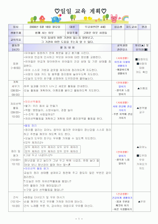 올데이 수업계획안 만 4세(주제 우리동네)