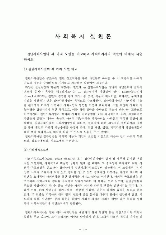 집단사회사업의 세가지 모델 및 사회복지사의 역할 서술