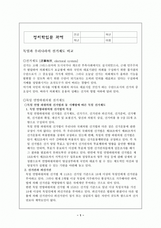 정치학 입문- 독일과 우리나라 선거제도 비교