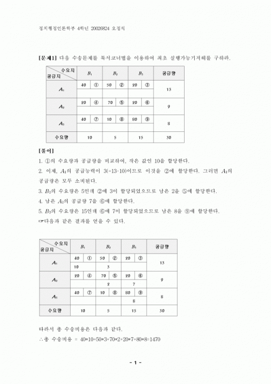 수송계획법 문제풀이