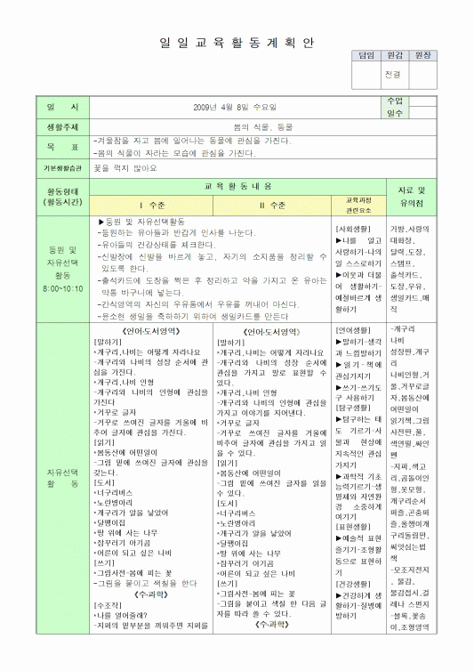 만3세 4월 일일계획안