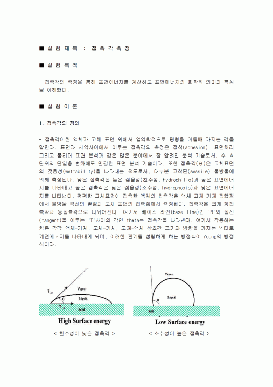 접촉각 측정 레포트 자료