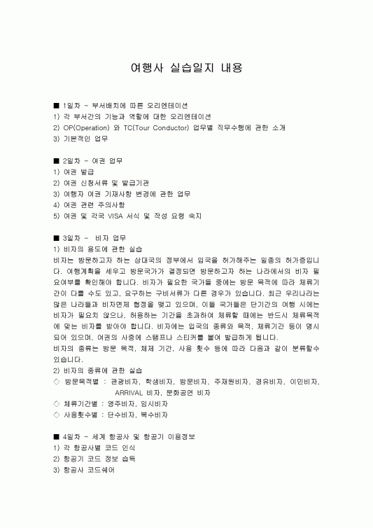 여행사 실습일지(OP/TC업무, 비자/여권 업무, 항공권발권, 항공권 이용, 여행상담)