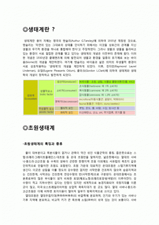 초원생태계와 연못생태계 그리고 그 예