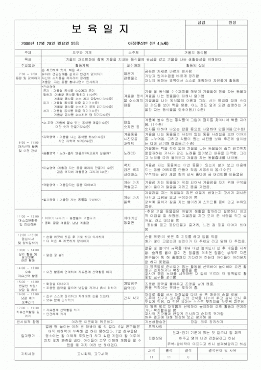 평가인증 통과한 만 4~5세통합보육일지12월 겨울: 겨울의 동식물