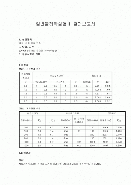[일반물리학실험Ⅱ] 17장. 전자측정연습 (결과레포트)