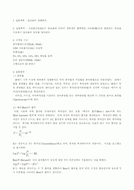 알콜의 정량분석(예비+결과보고서)