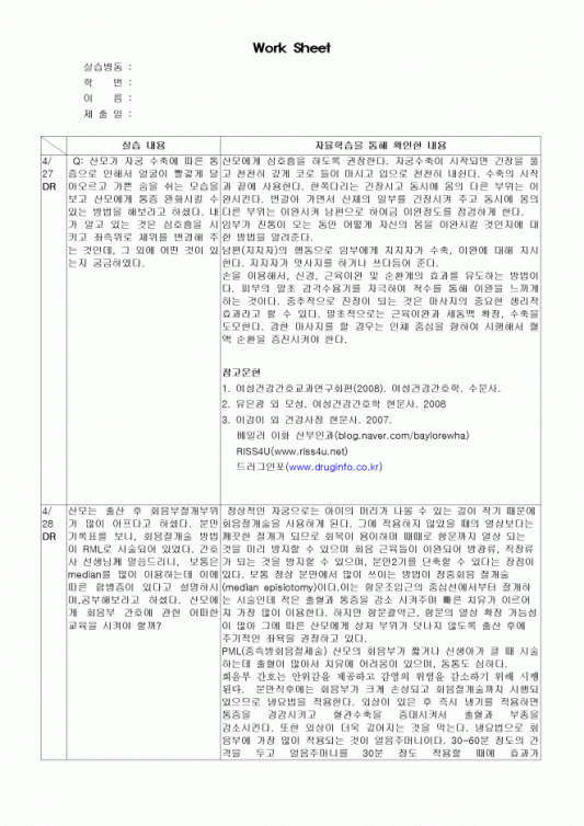 모성간호학 워크시트