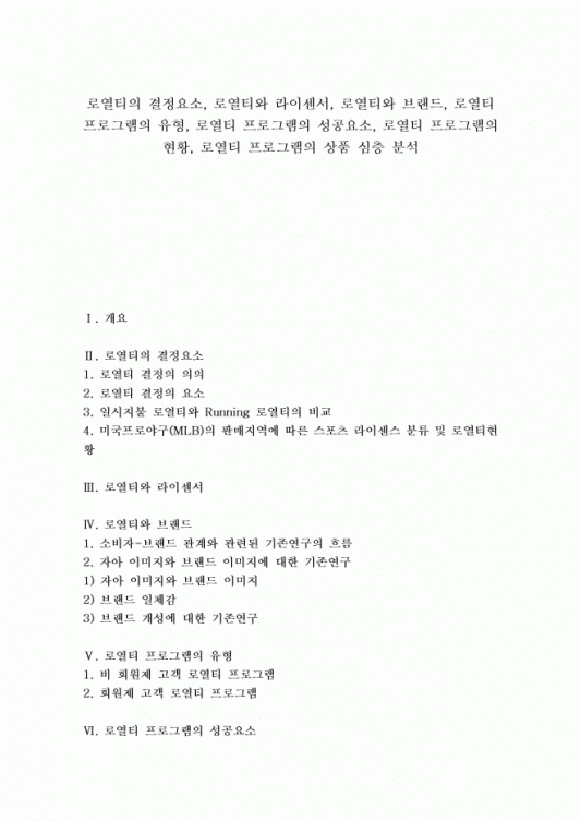 [로열티][라이센스][브랜드]로열티의 결정요소, 로열티와 라이센서, 로열티와 브랜드, 로열티 프로그램의 유형, 로열티 프로그램의 성공요소, 로열티 프로그램의 현황, 로열티 프로그램의 상품 심층 분석
