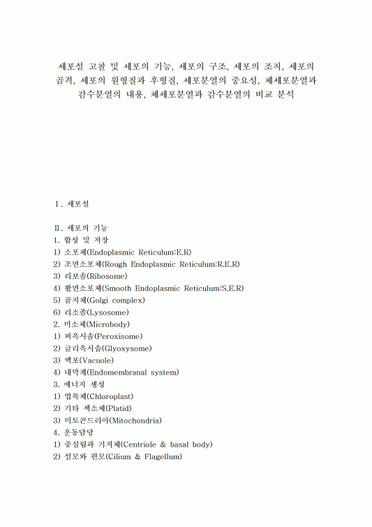 [세포][세포분열][세포설]세포설 고찰 및 세포의 기능, 세포의 구조, 세포의 조직, 세포의 골격, 세포의 원형질과 후형질, 세포분열의 중요성, 체세포분열과 감수분열의 내용, 체세포분열과 감수분열의 비교 분석
