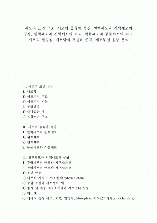 [세포]세포의 표면 구조, 세포의 종류와 특징, 원핵세포와 진핵세포의 구성, 원핵세포와 진핵세포의 비교, 식물세포와 동물세포의 비교, 세포의 원형질, 세포막의 특성과 종류, 세포분열 심층 분석(세포, 세포핵)
