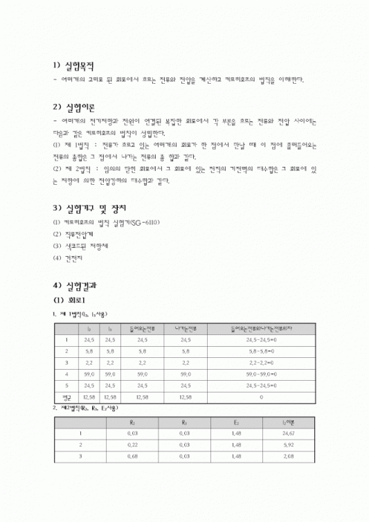 [실험레포트/물리,공학]키르히호프의 법칙 실험레포트(예비,결과)