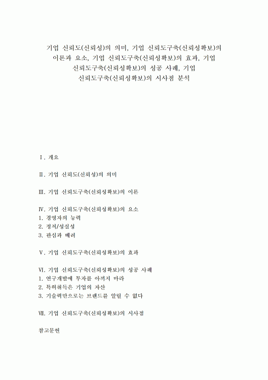 [기업윤리]기업 신뢰도(신뢰성)의 의미, 기업 신뢰도구축(신뢰성확보)의 이론과 요소, 기업 신뢰도구축(신뢰성확보)의 효과, 기업 신뢰도구축(신뢰성확보)의 성공 사례, 기업 신뢰도구축(신뢰성확보)의 시사점 분석