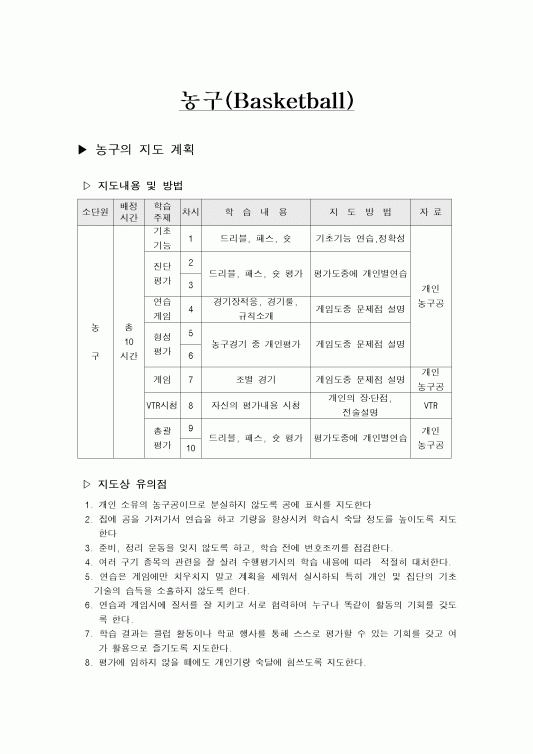 농구 교수학습지도안(10차시)