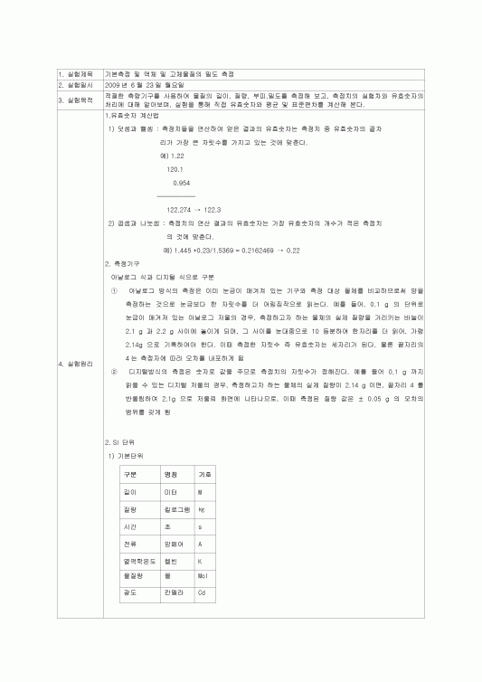 기본측정 및 액체 및 고체물질의 밀도 측정