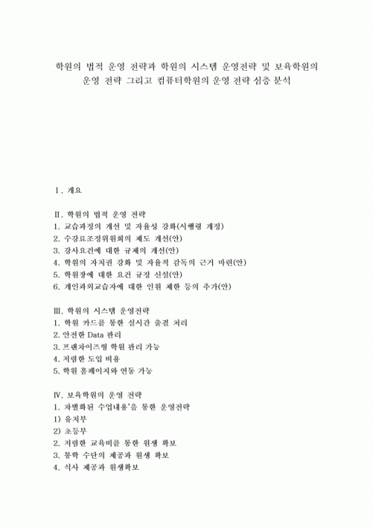[학원][학원의 법적 운영전략][학원 시스템 운영전략][보육학원 운영전략][컴퓨터학원 운영전략]학원의 법적 운영 전략과 학원의 시스템 운영전략 및 보육학원의 운영 전략 그리고 컴퓨터학원의 운영 전략 심층 분석