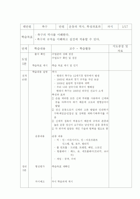 교수학습지도안, 축구 (총 17차시)