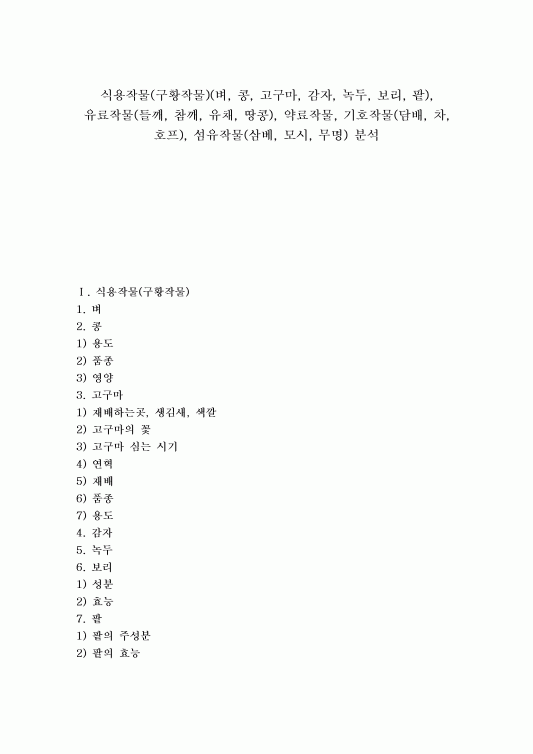 [식용작물,유료작물,약료작물,기호작물,섬유작물]식용작물(구황작물)(벼,콩,고구마,감자,녹두,보리,팥), 유료작물(들깨,참깨,유채,땅콩), 약료작물, 기호작물(담배,차,호프), 섬유작물(삼베,모시,무명) 분석