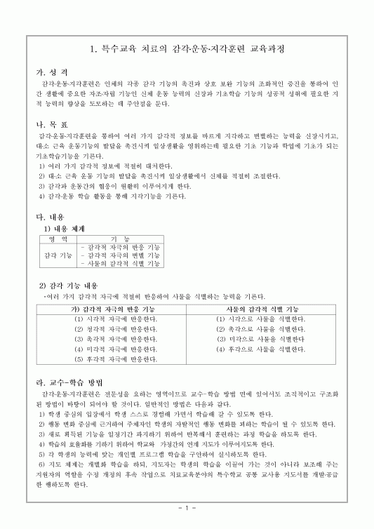 [사회과학] 특수 치료교육 감각, 운동, 지각훈련 요약본(교육청 특수학교 치료교육 지도사 교재바탕 작성)