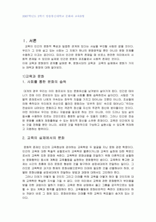 2007년 2학기 문화와교육 중간시험과제물 B형(문화의 매력과 함정)