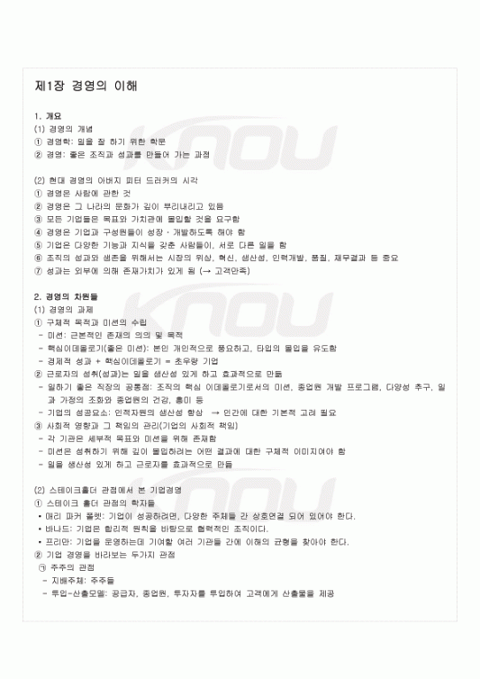 2009년 1학기 경영학개론 출석대체시험 핵심체크