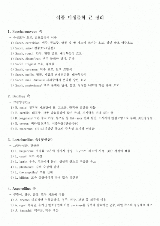 식품미생물에 관한 균 정리
