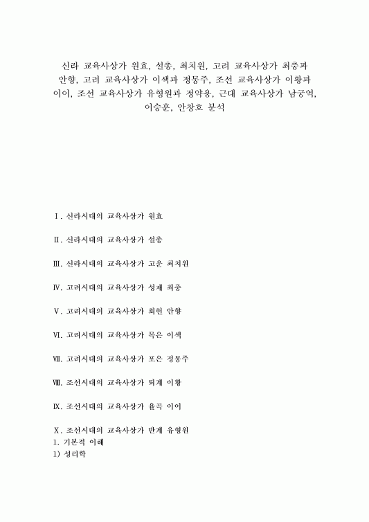 신라 교육사상가 원효, 설총, 최치원, 고려 교육사상가 최충과 안향, 고려 교육사상가 이색과 정몽주, 조선 교육사상가 이황과 이이, 조선 교육사상가 유형원과 정약용, 근대 교육사상가 남궁억, 이승훈, 안창호