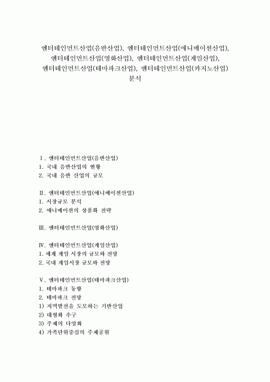 [엔터테인먼트]엔터테인먼트산업(음반산업), 엔터테인먼트산업(애니메이션산업), 엔터테인먼트산업(영화산업), 엔터테인먼트산업(게임산업), 엔터테인먼트산업(테마파크산업), 엔터테인먼트산업(카지노산업) 분석