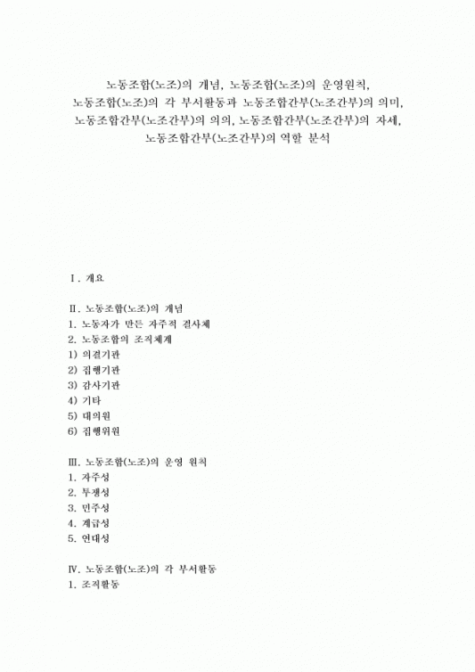 노동조합(노조)의 개념, 노동조합(노조) 운영원칙, 노동조합(노조) 각 부서활동과 노동조합간부(노조간부)의 의미, 노동조합간부(노조간부)의 의의, 노동조합간부(노조간부)의 자세, 노동조합간부(노조간부)의 역할