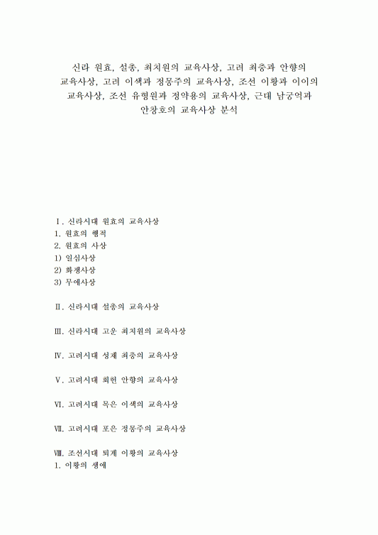 신라 원효, 설총, 최치원의 교육사상, 고려 최충과 안향의 교육사상, 고려 이색과 정몽주의 교육사상, 조선 이황과 이이의 교육사상, 조선 유형원과 정약용의 교육사상, 근대 남궁억과 안창호의 교육사상 분석