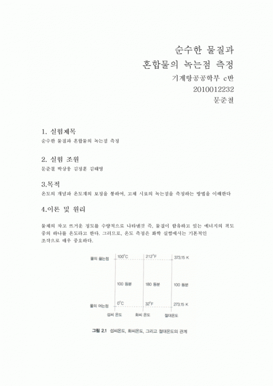 순수물질 물질과 혼합물의 녹는점 측정