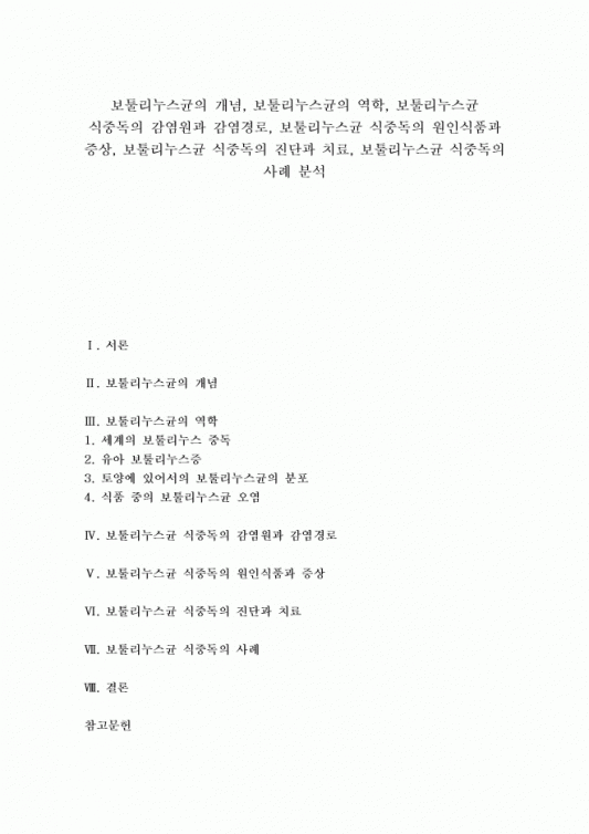 [보툴리누스]보툴리누스균의 개념, 보툴리누스균의 역학, 보툴리누스균 식중독의 감염원과 감염경로, 보툴리누스균 식중독의 원인식품과 증상, 보툴리누스균 식중독의 진단과 치료, 보툴리누스균 식중독의 사례 분석
