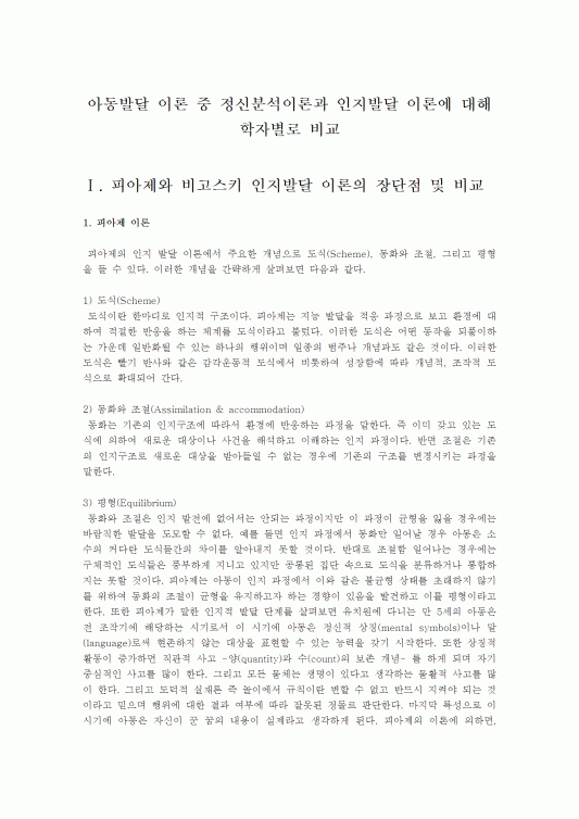 아동발달 이론 중 정신분석이론과 인지발달 이론에 대해 학자별로 비교